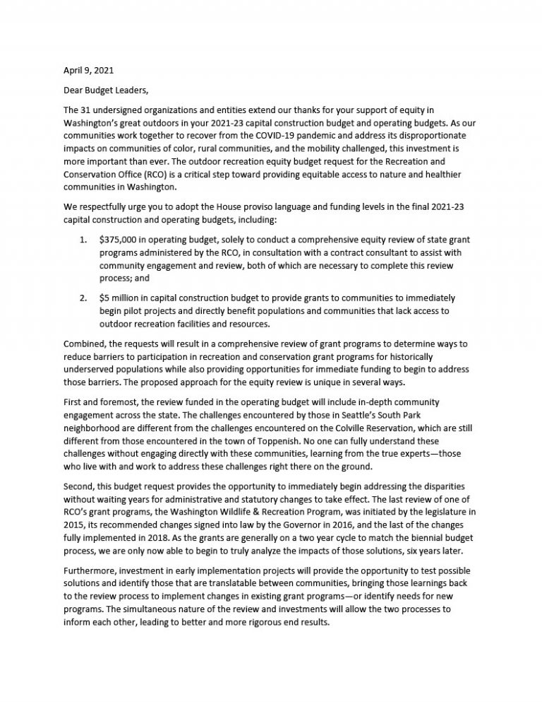 Equity Letter to Budget Letters - Wildlife Recreation and Coalition